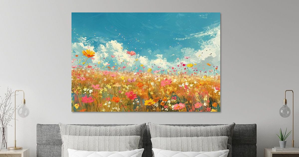 Bloemenveld van Kunst Kriebels op canvas, behang en meer